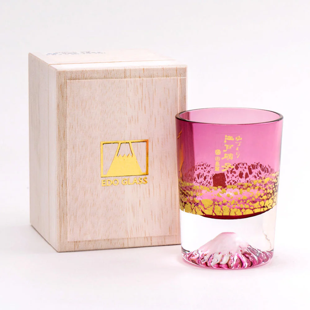 EDO GLASS Gold Leaf Fuji，Creative Mt. Fuji Cold Sake Glass with wooden ...